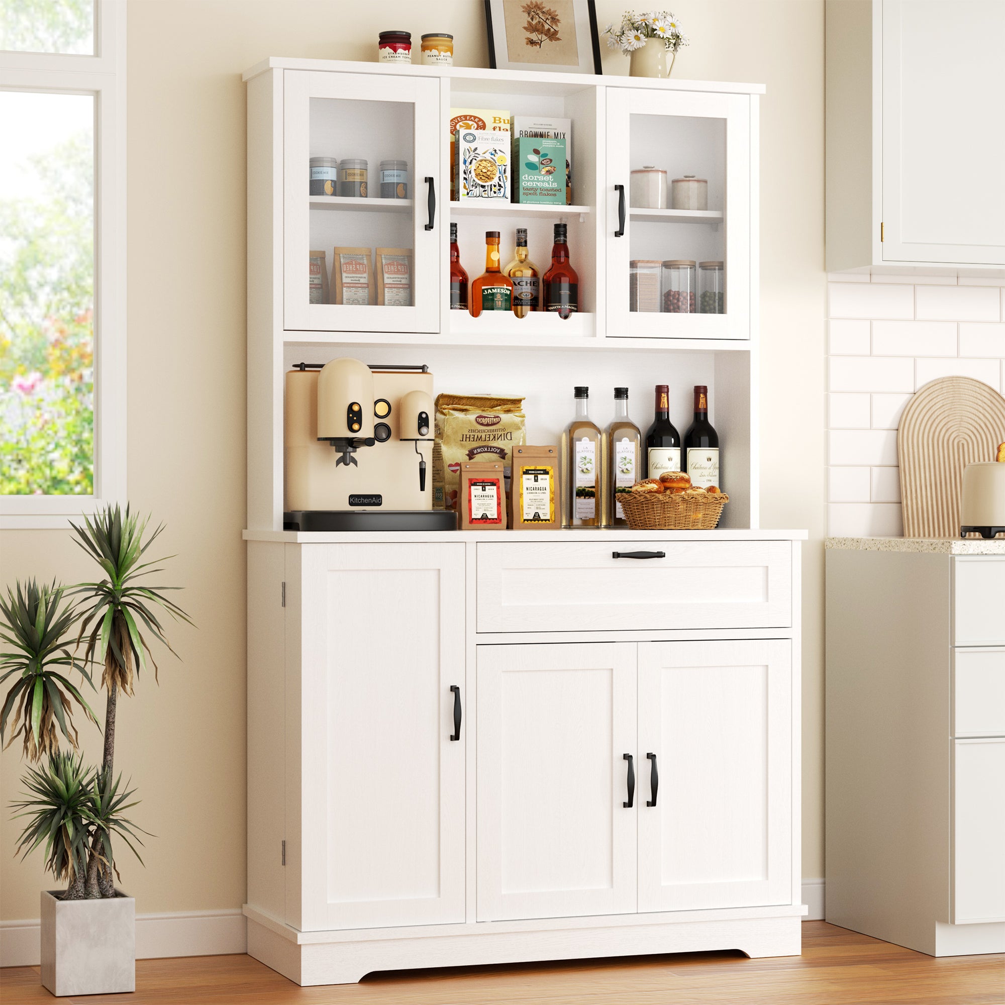 Walsunny Pantry Cabinet with Microwave Shelf Doors Drawer for Kitchen ...