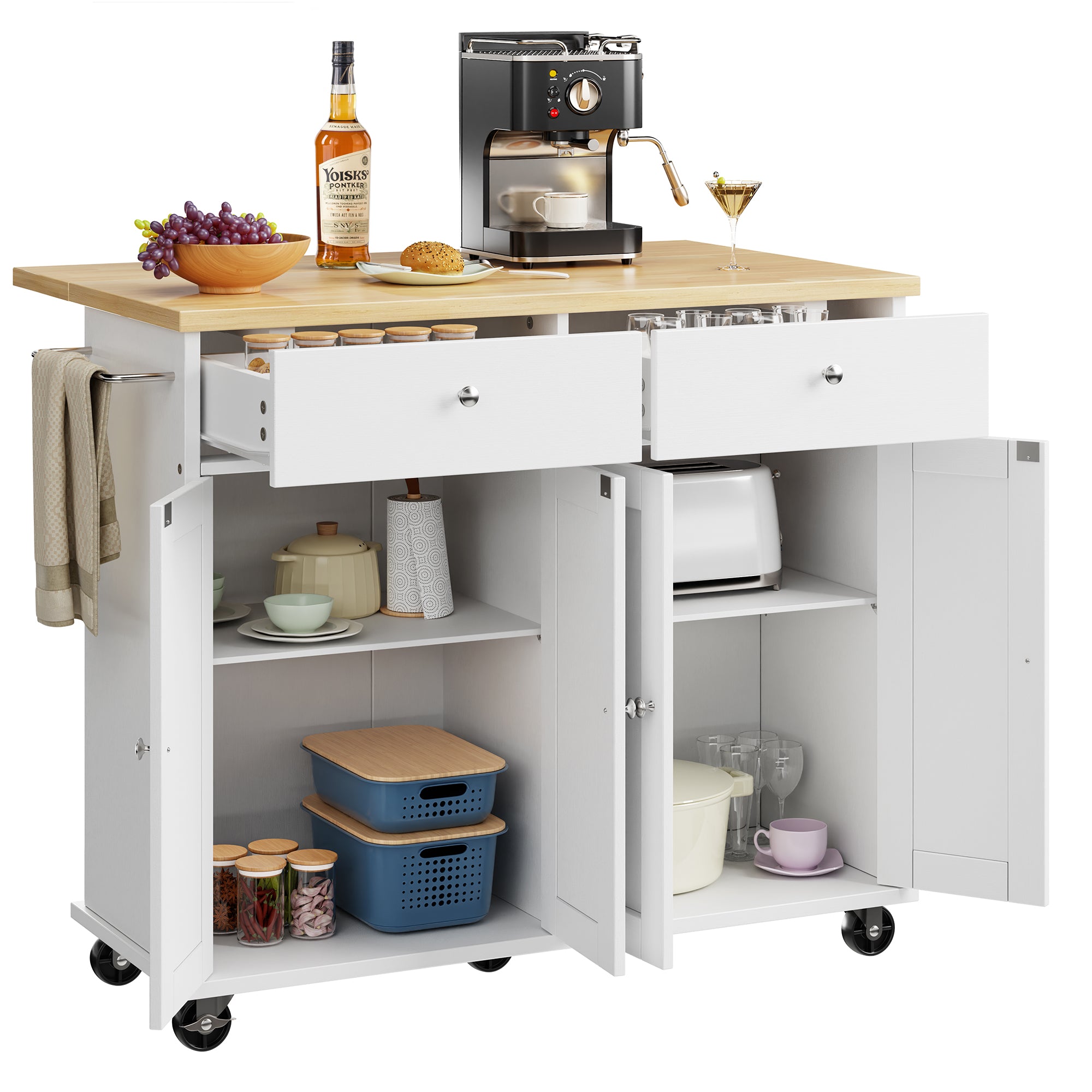 Walsunny Kitchen Islands Carts with Drop Leaf Table 2 Drawers 5 Wheels ...